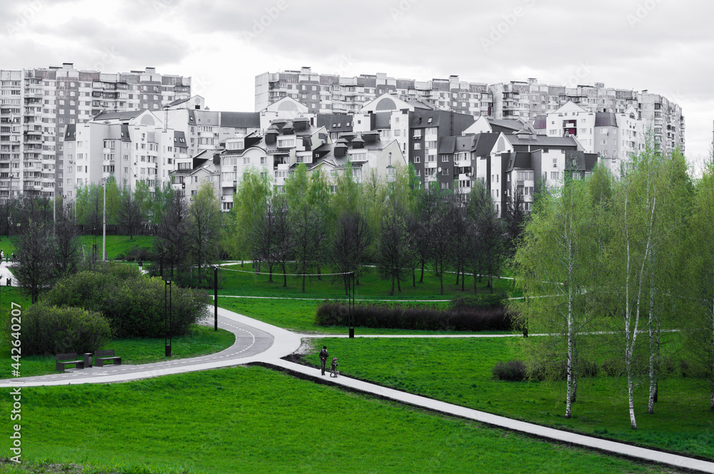 Public urban park with grass, trees, walking path, footpath, trail in ...