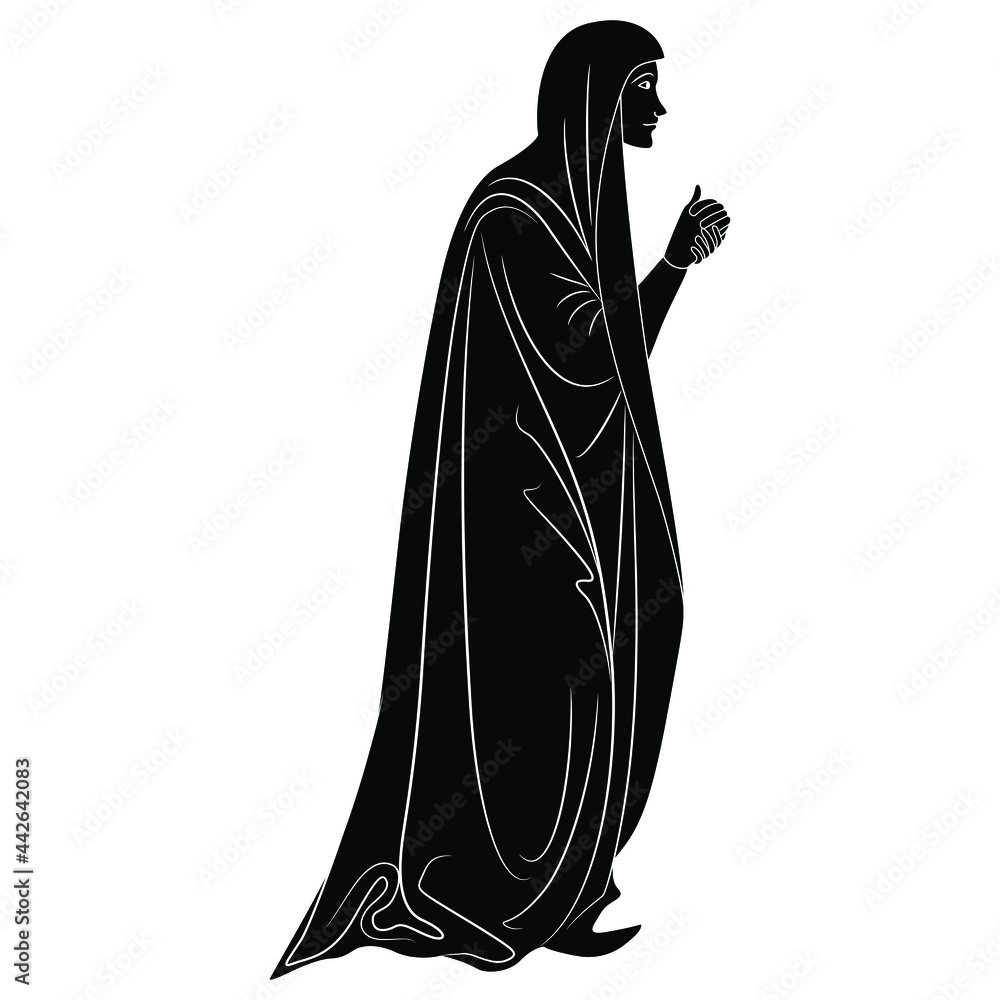 Standing praying medieval woman in profile in long mantle. Saint lady ...