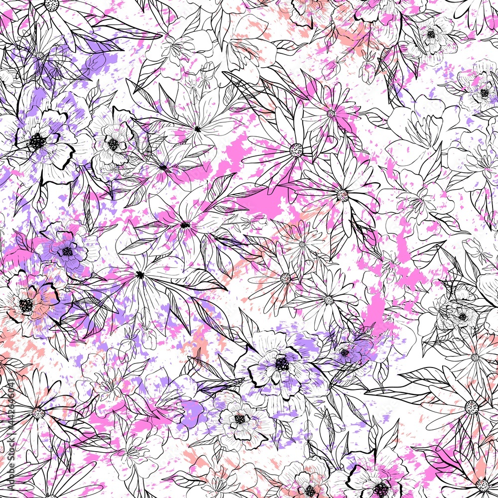 Botanical seamless pattern. Bouquets of flowers. Vintage line art ...