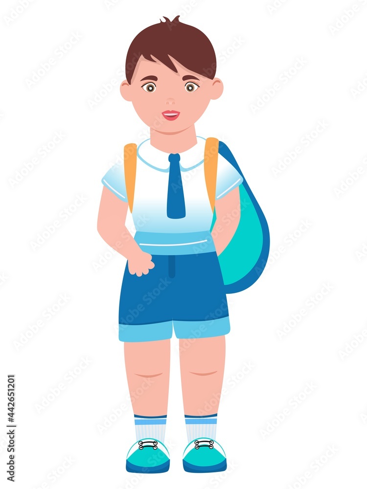 A little boy in a school uniform and with a backpack in full growth ...