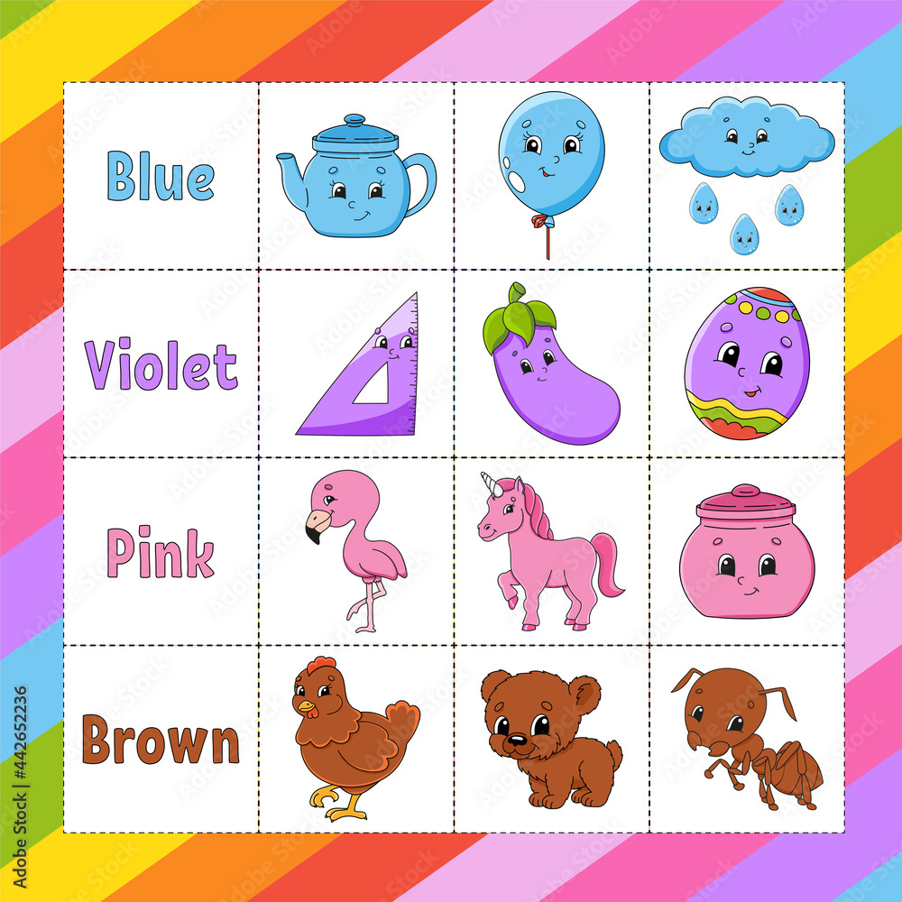 Learning colors. Flashcard for kids. Cute cartoon characters. Picture ...