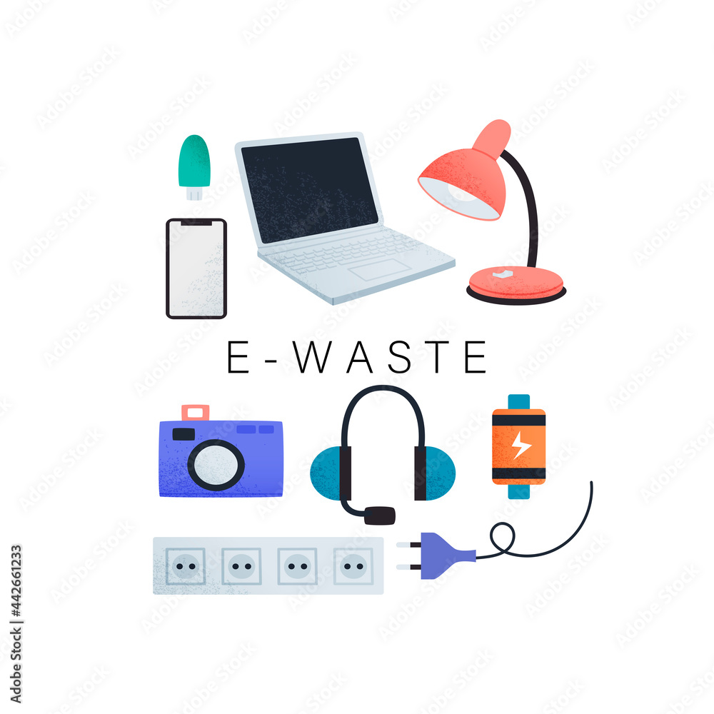 Electronic waste flat cartoon illustration. Trash recycling banner ...
