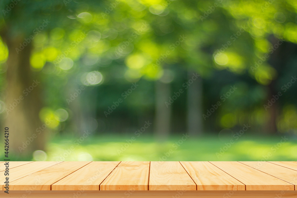 Wood floor with blurred trees of nature park background and summer ...