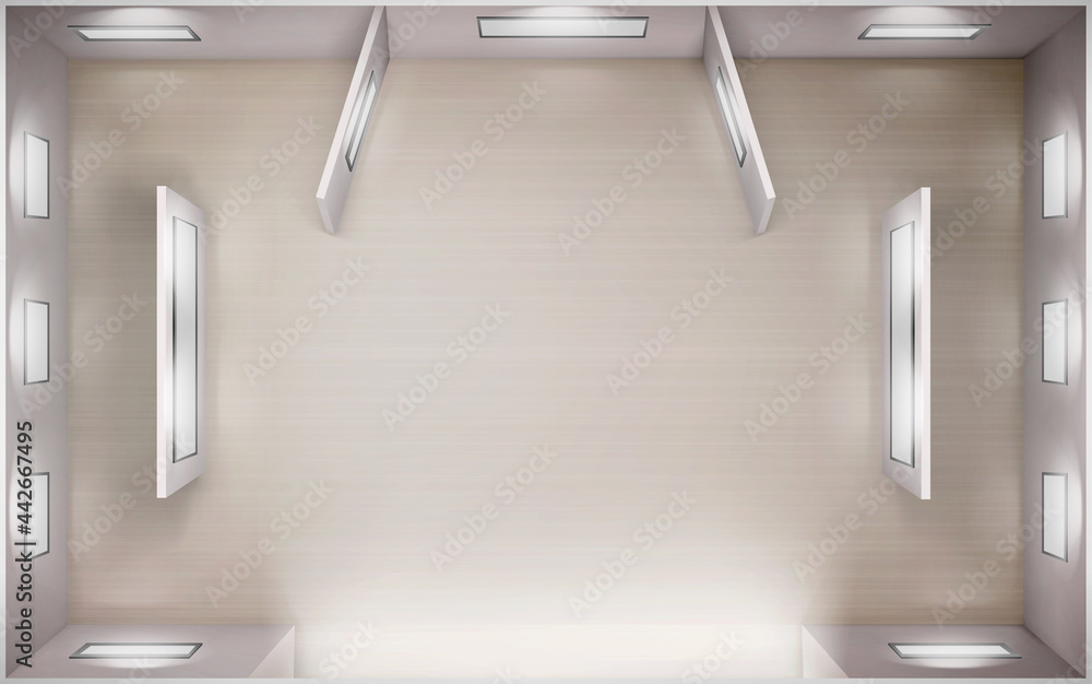Museum empty interior top view, art gallery 3d room with illuminated ...