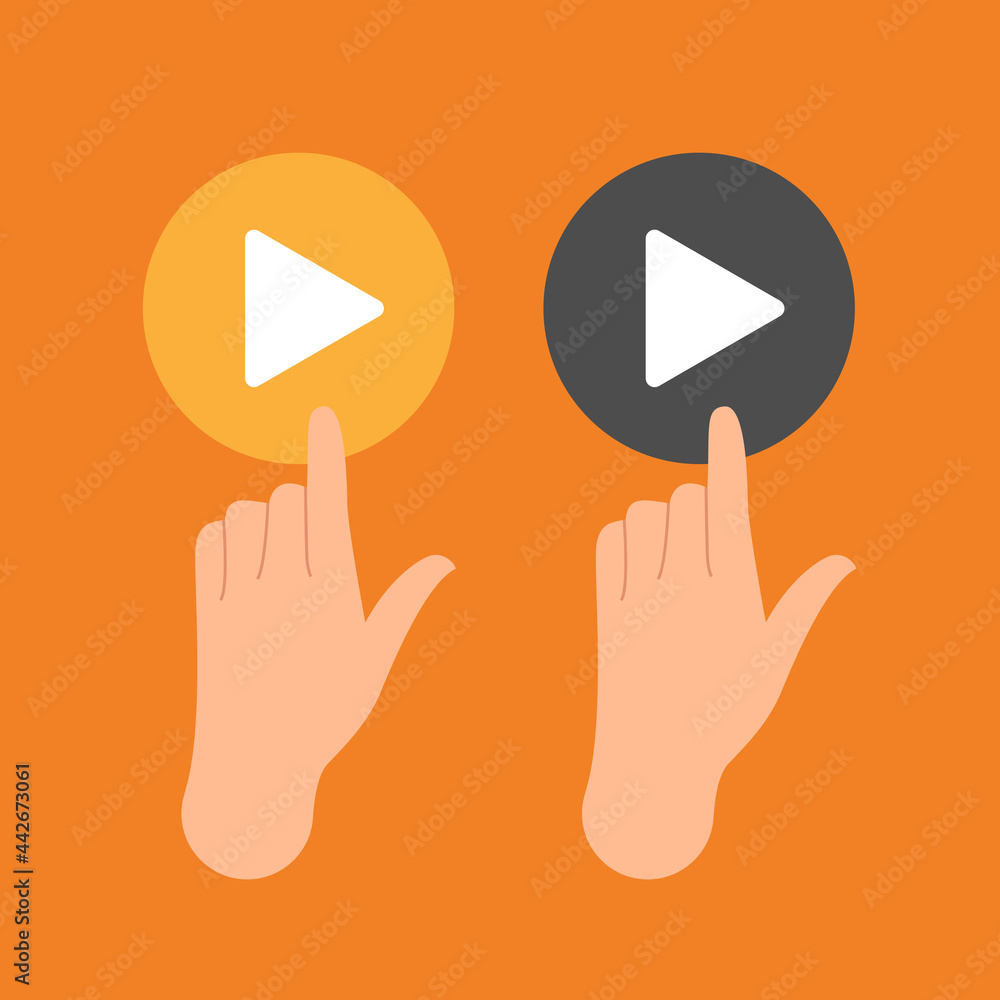 Hand press play button. The index finger presses the orange and black ...
