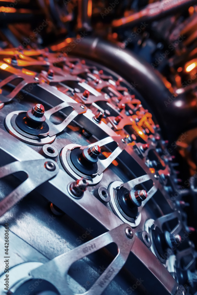 Parts of the operational gas turbine engine of a jet aircraft Stock ...