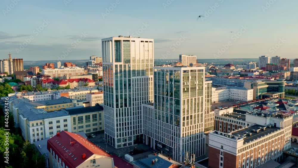 Tall high-rise buildings with glass panels border the forest ...