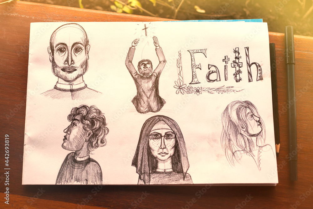 Pencil sketches of people of church: monks, priests, nuns, praying ...