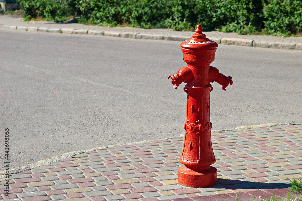 Old red German fire hydrant on the street of Zelenogradsk (prior to ...