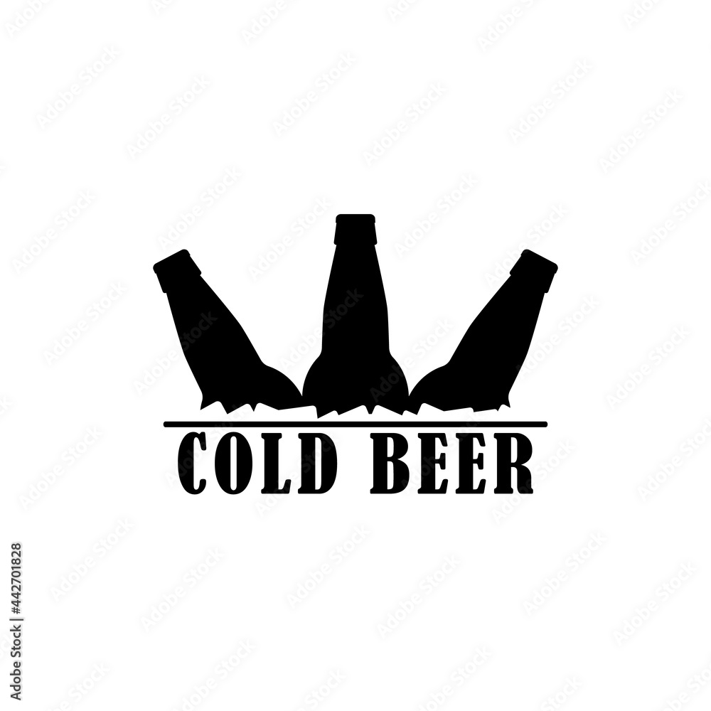 Cold beer logo. Set of beer bottles with ice cubes. Black silhouette ...