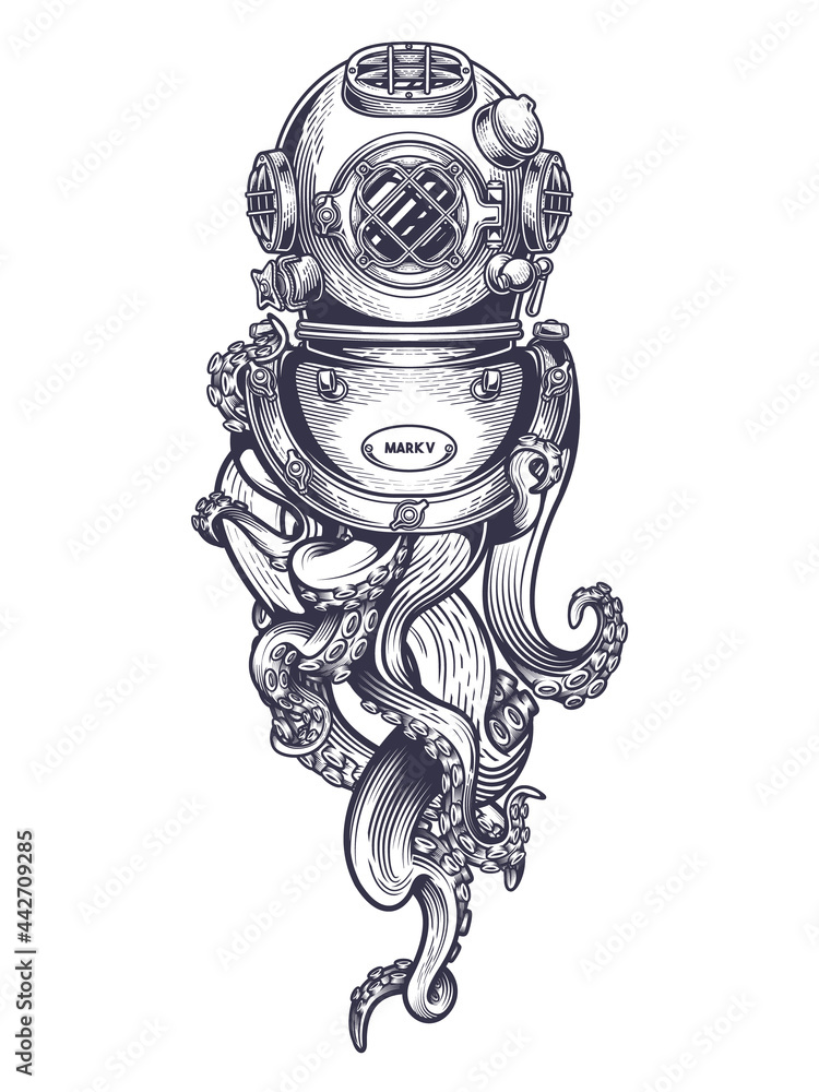 Vintage diving helmet with tentacles. Hand drawn vector illustration in ...