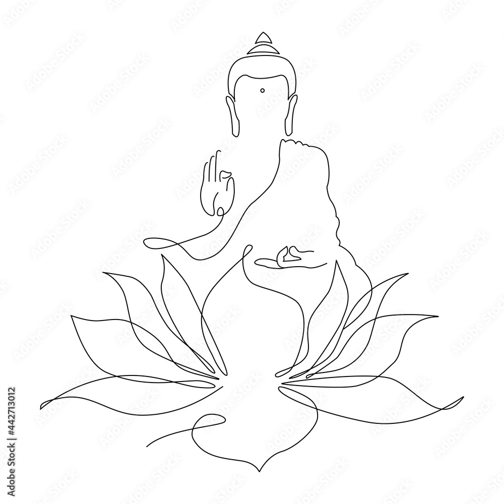 One line art silhouette of buddha and lotuse flower isolated on white ...