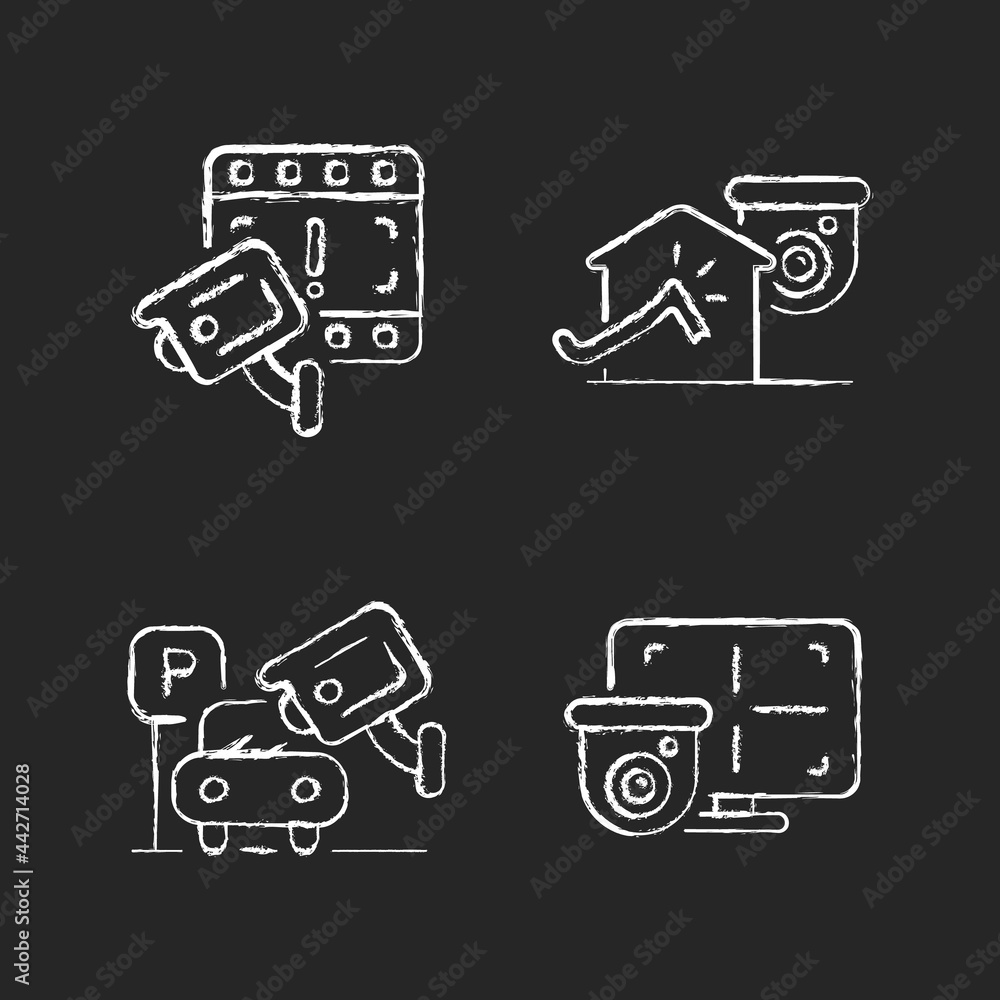Family and property protection chalk white icons set on dark background ...