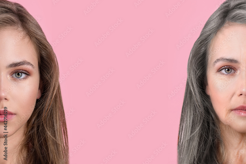 aging woman collage before after, comparison of a young with an old ...