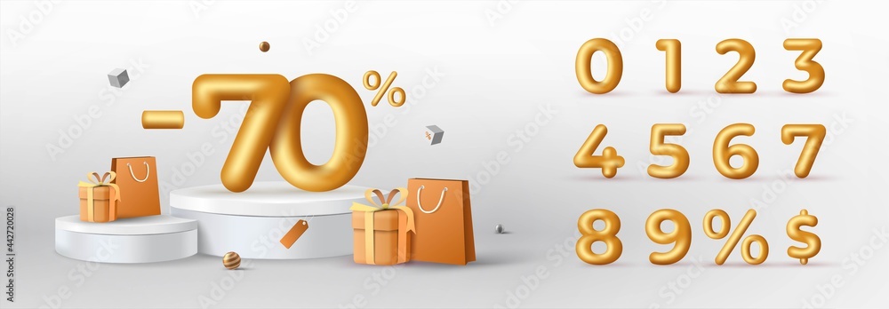 3D Gold Discount numbers on podium with shopping bag and gift box ...