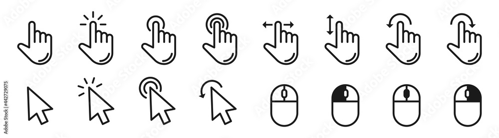 Hand pointer cursor mouse icon set. Black finger touch screen symbol, clicking cursor arrow ...