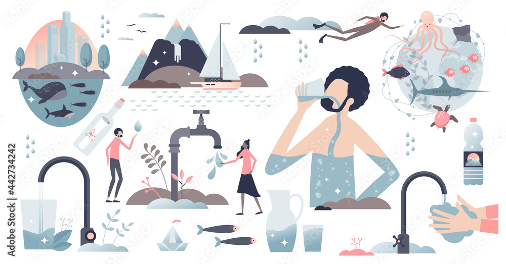 Clean water elements with pure drinking droplets tiny person collection ...