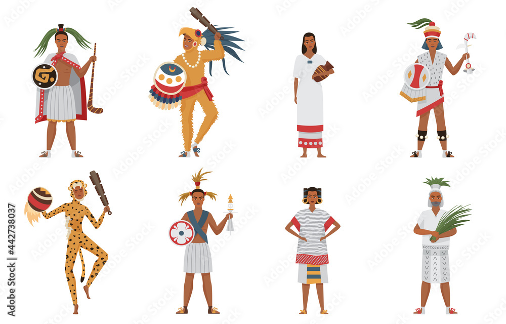 Aztec tribe people of ancient civilization set vector illustration ...