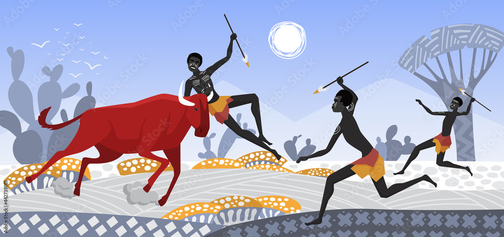 African people hunt wild animals in abstract geometric landscape of ...