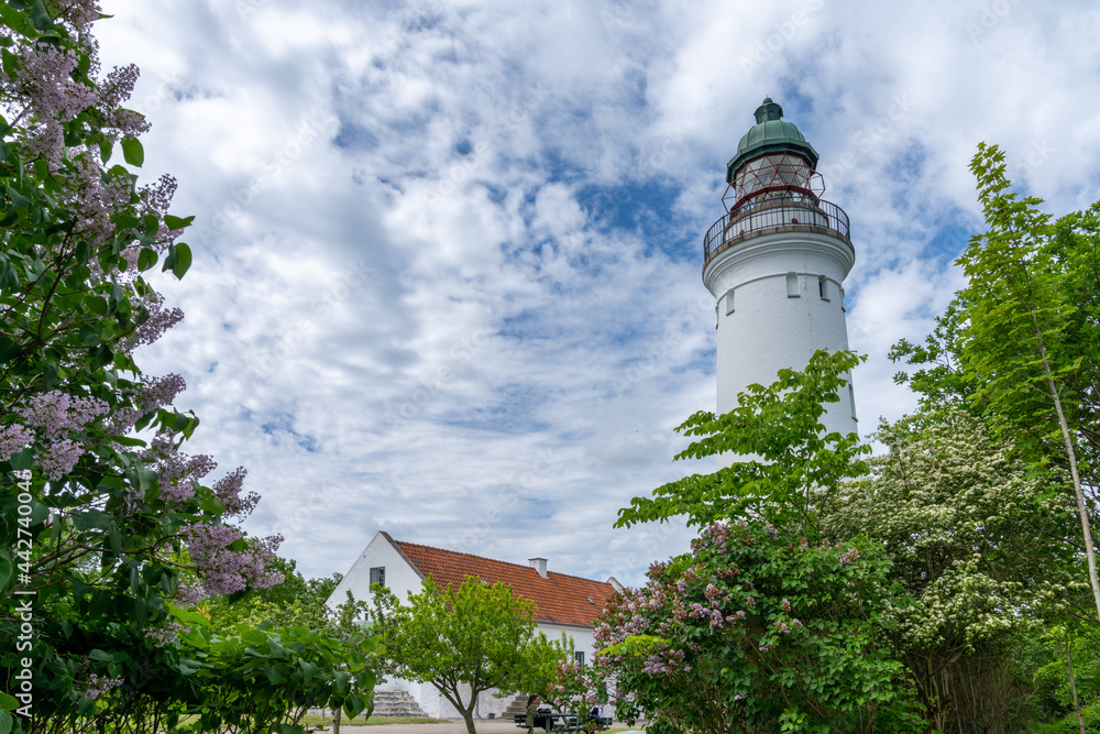 view of the Stevns Lighthouse on the east coast of Denmark on a ...