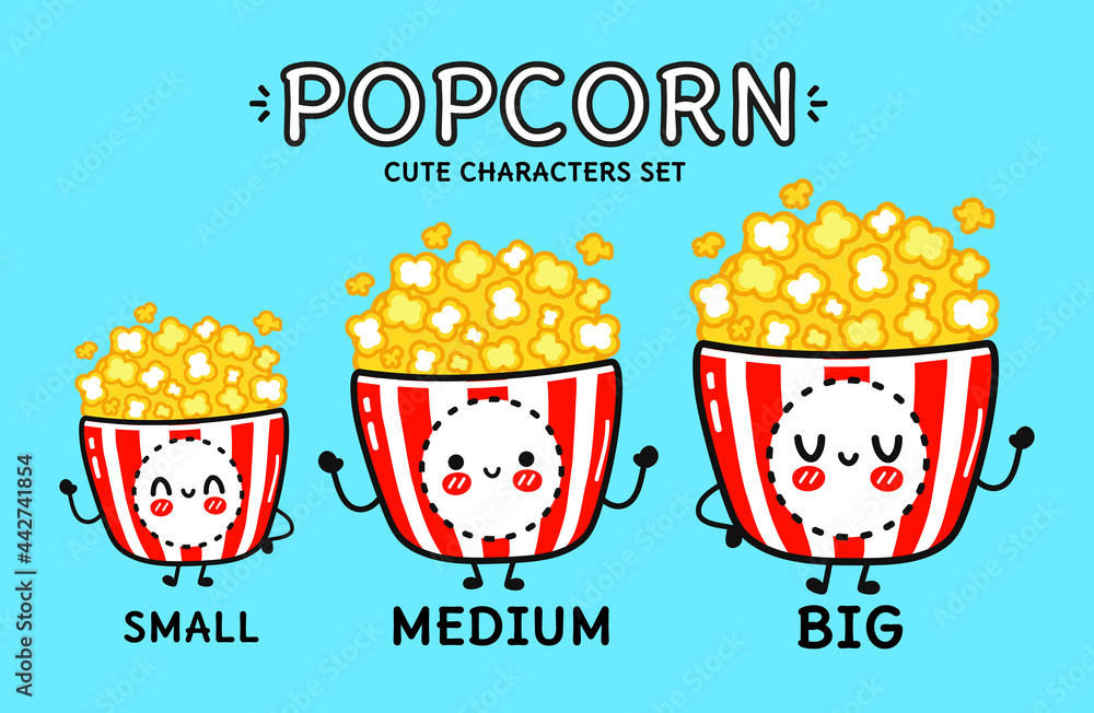 Funny cute happy popcorn characters bundle set. Vector kawaii line ...