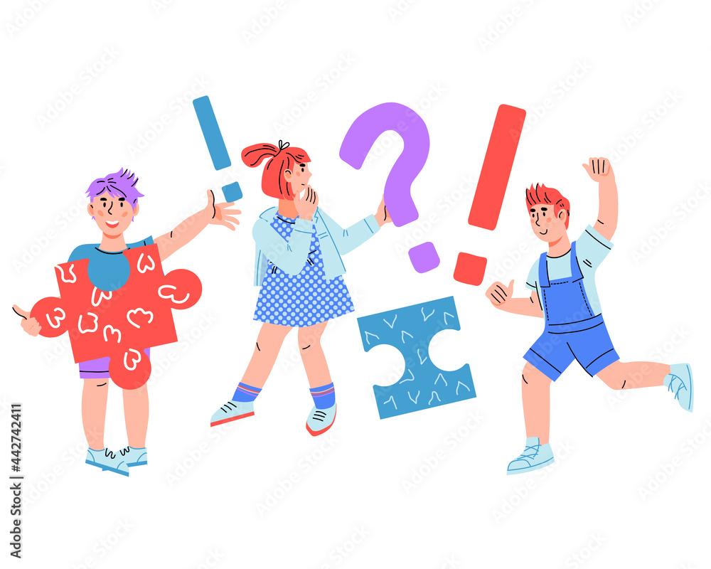 Smart thinking school children girl and boy with question and ...