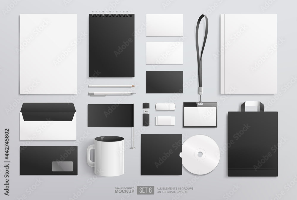 Stationery office items blank Mockup set template. Realistic Business ...