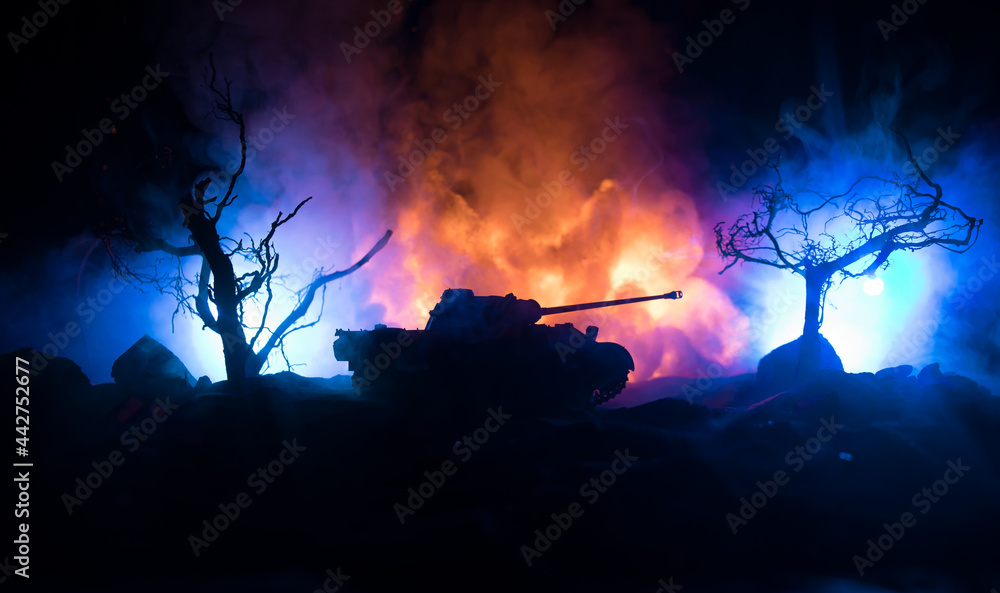 War Concept. Military silhouettes fighting scene on war fog sky ...