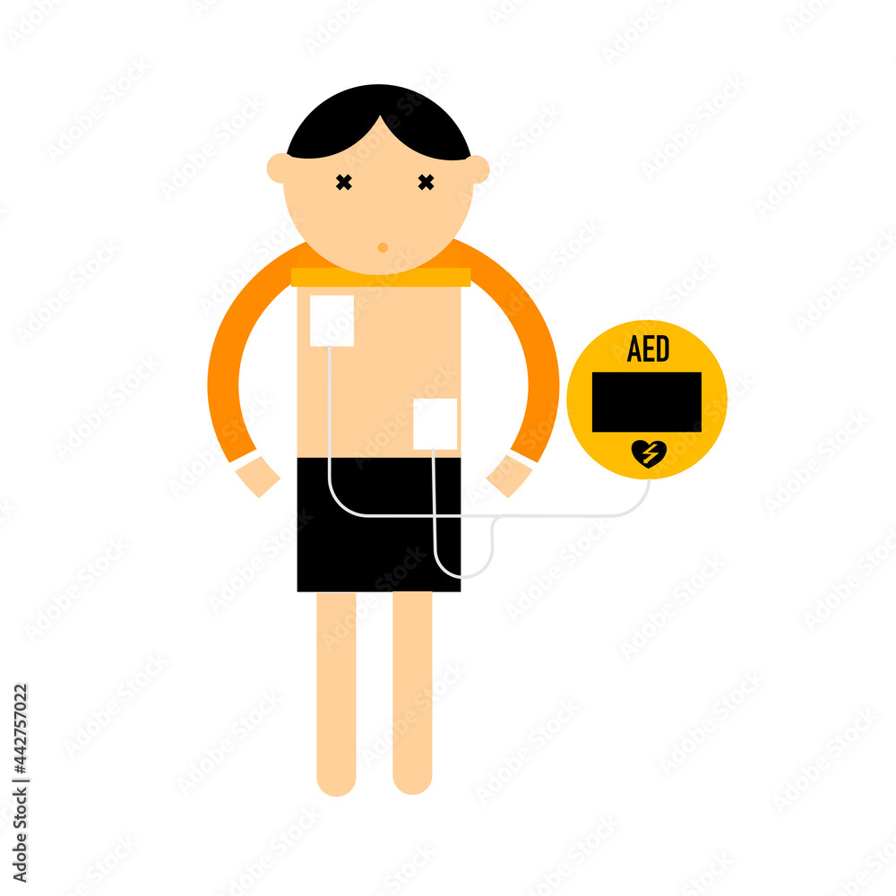 Cartoon character, unconscious man with automatic external ...