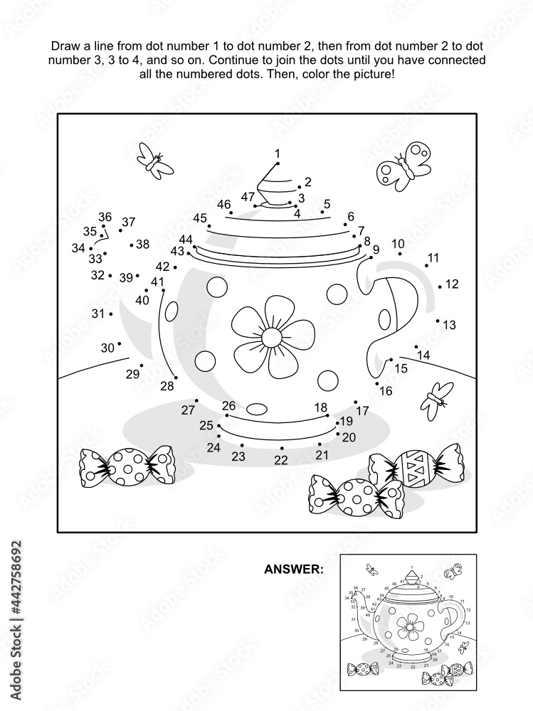 Connect the dots picture puzzle and coloring page with teapot and candy ...