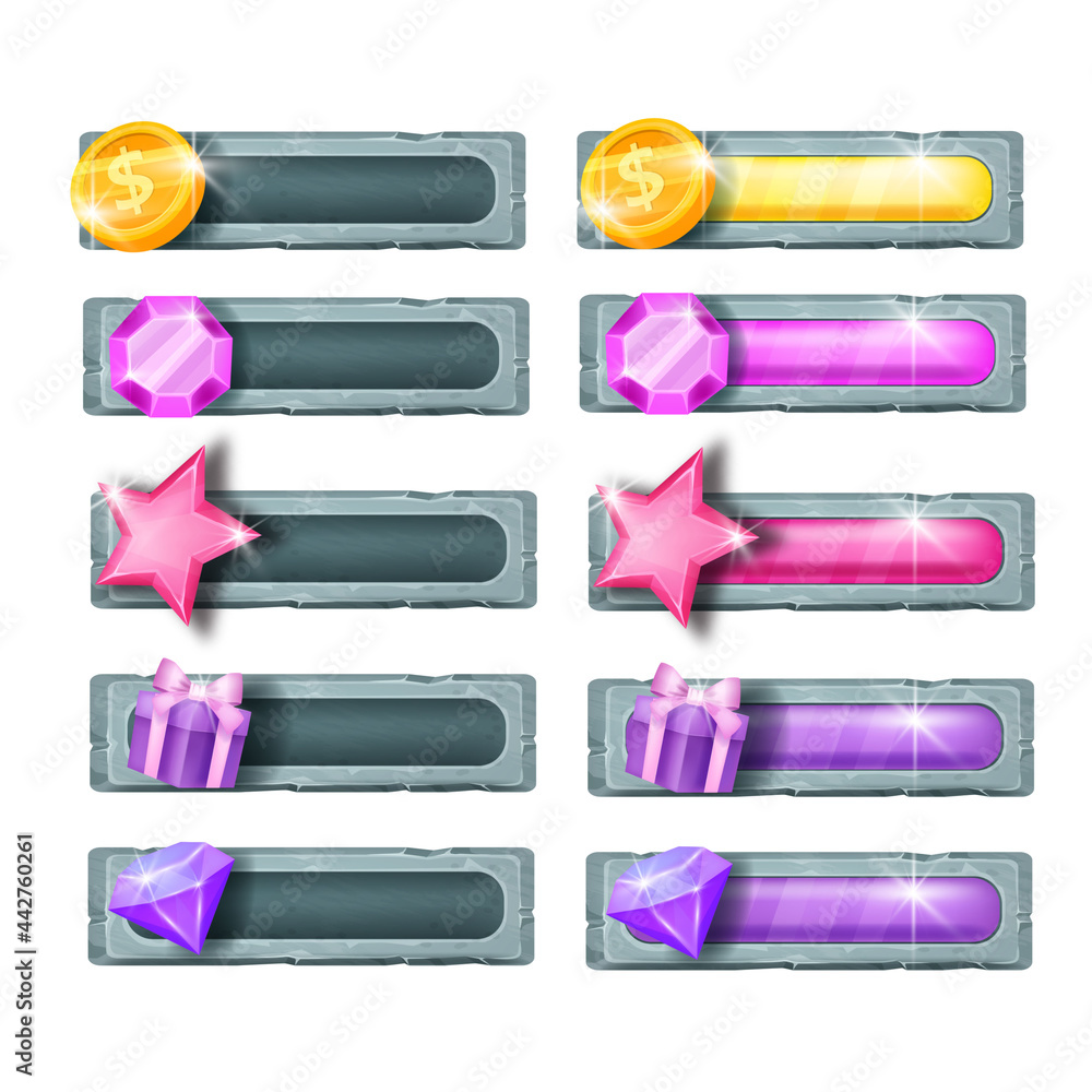 Game progress bar vector slider illustration set, user interface energy ...