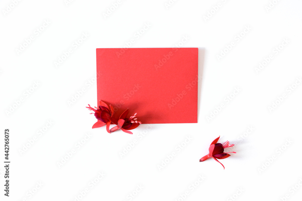 Blank red card mock up and red flowers on white background. Invitation ...