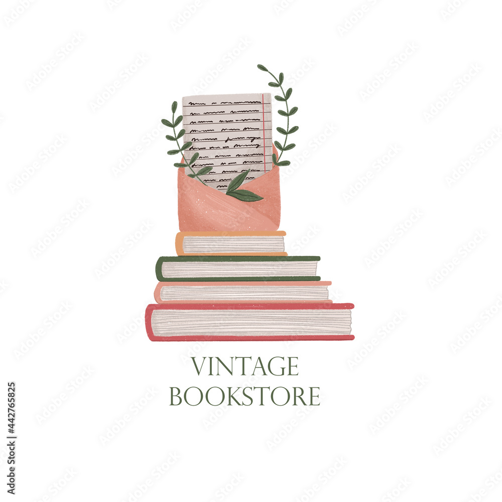 Vintage bookstore logo. Stack of books, envelope and letter, logo on ...