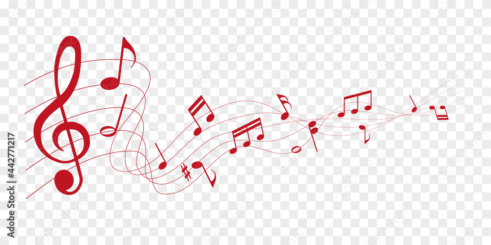red vector sheet music - musical notes melody on transparent background ...
