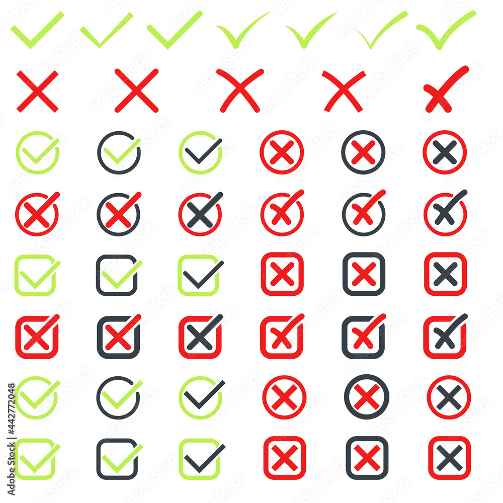 Checkmark icons big set for web design. Yes or no. Accept v button ...