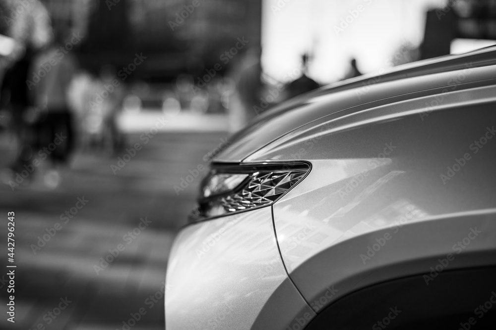Black and white photography of a modern car. Side view of detailed ...