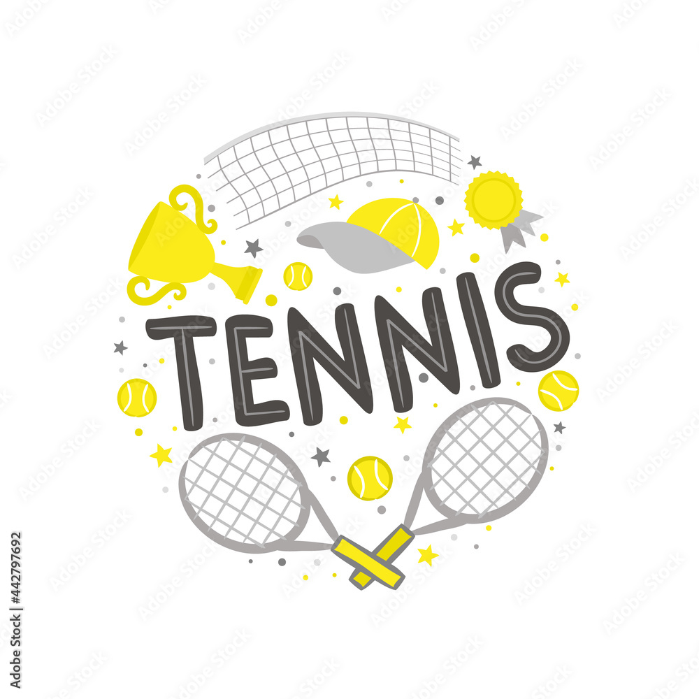 Cute hand drawn Tennis emblem with sports element, tennis rackets ...