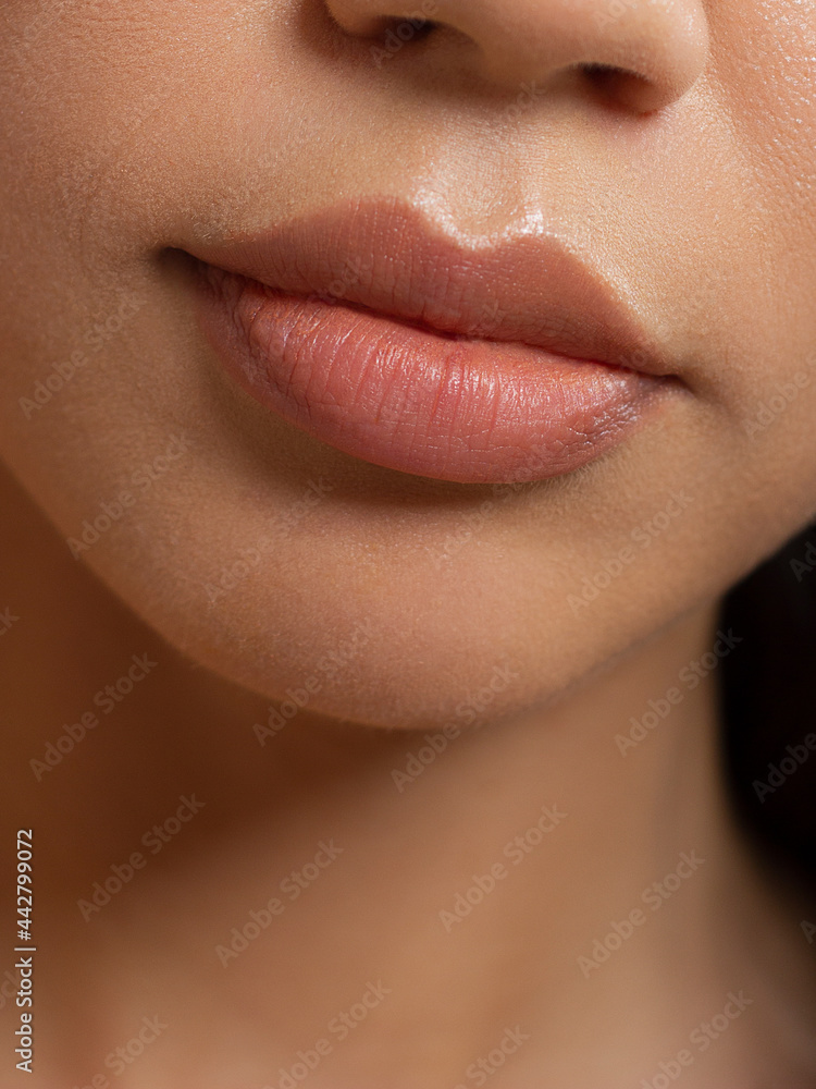 Sexual full lips. Natural gloss of lips and woman's skin. The mouth is ...