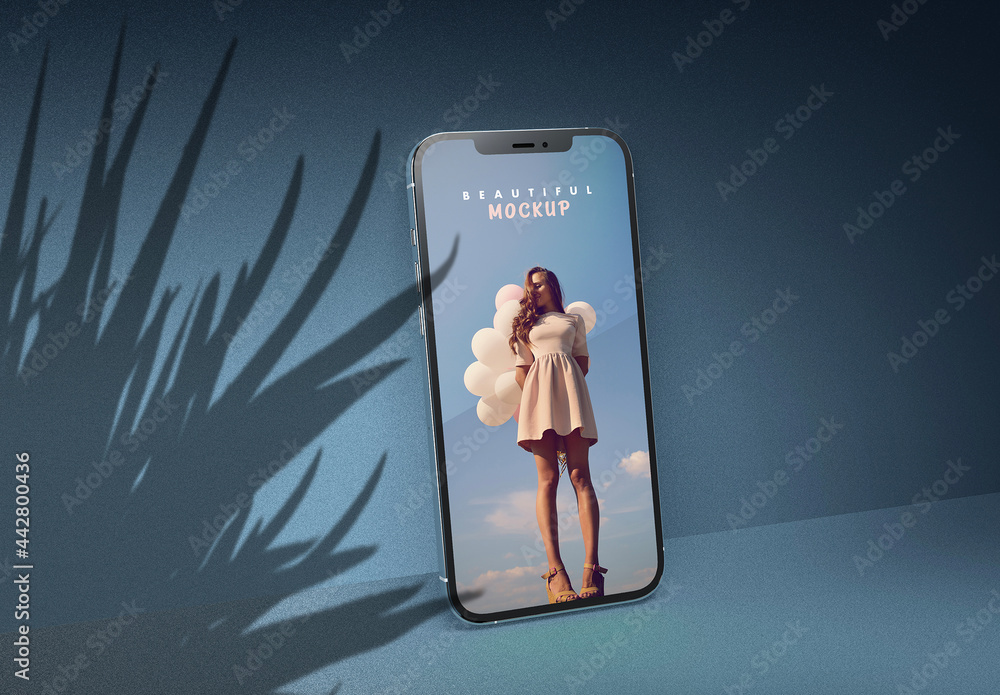 Smartphone on a Soft Deep Blue Background with Big Succulent Shadows ...