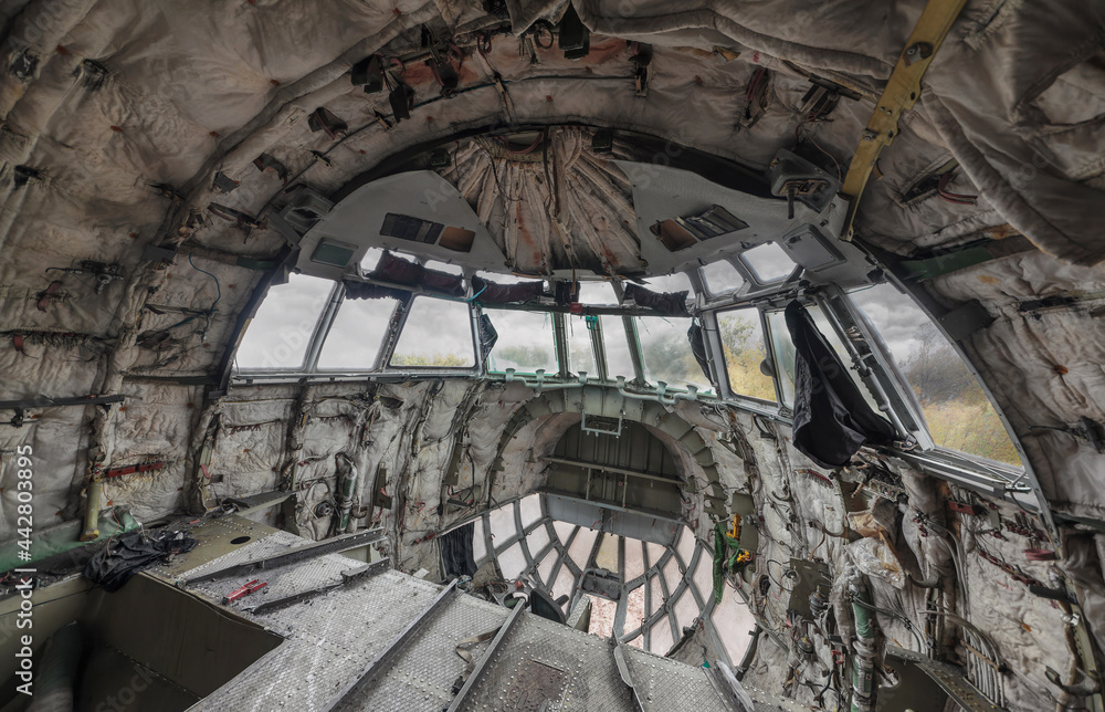 Severely damaged cockpit of an abandoned cargo plane Stock Photo ...