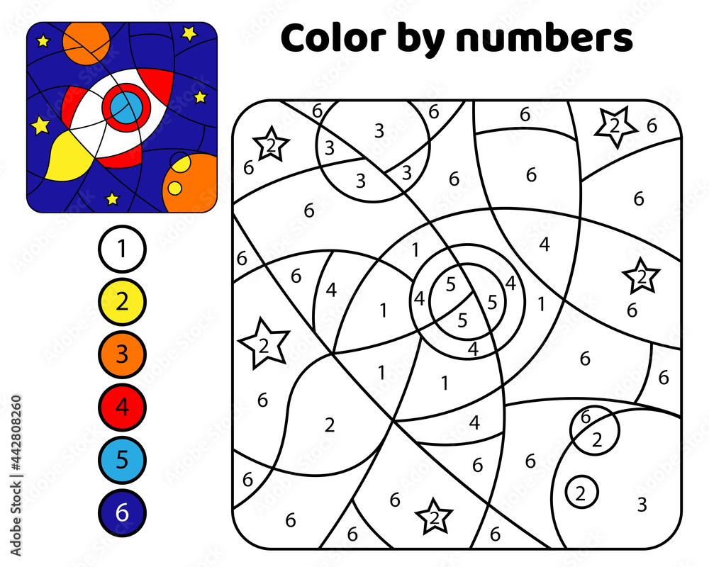 Rocket in space. Color by numbers. Black and white vector illustration ...