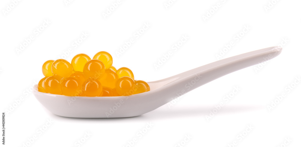 Yellow tapioca pearls for bubble tea isolated on white background ...