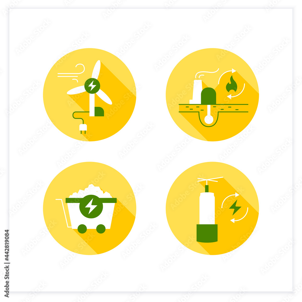 Energy flat icons set. Wind, coal energy, renewable fossil fuels ...