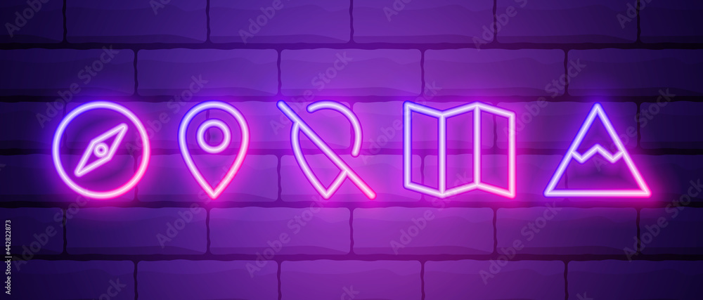 Vector set of realistic isolated neon sign of Map Pin, Mountain, Map ...