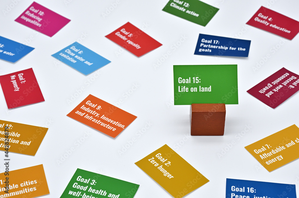 There is card with the statement Goal 15:Life on land on it one of the ...
