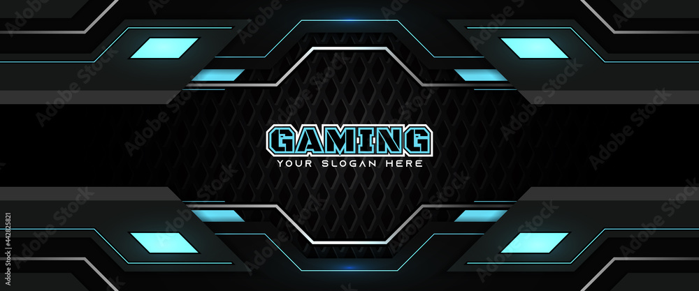 Futuristic black and blue gaming banner design template with metal ...