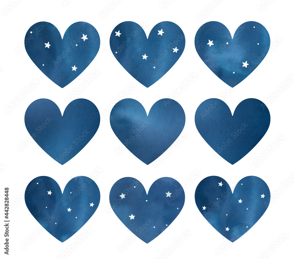 Watercolor illustration collection of love heart shapes with starry sky ...