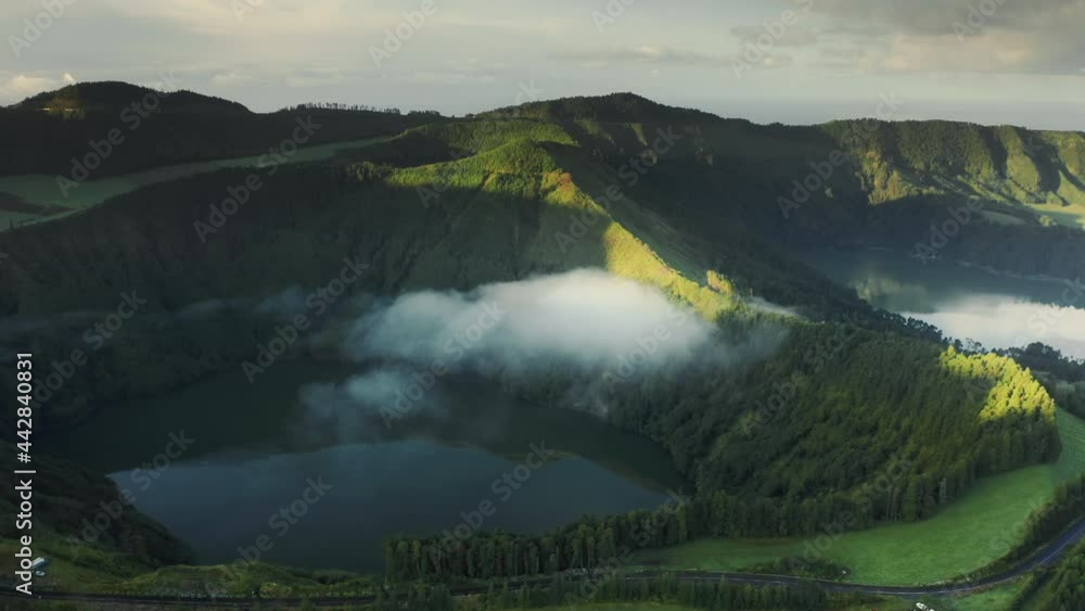 Lake Azul and Verde in craters of dormant volcano, Sao Miguel island ...