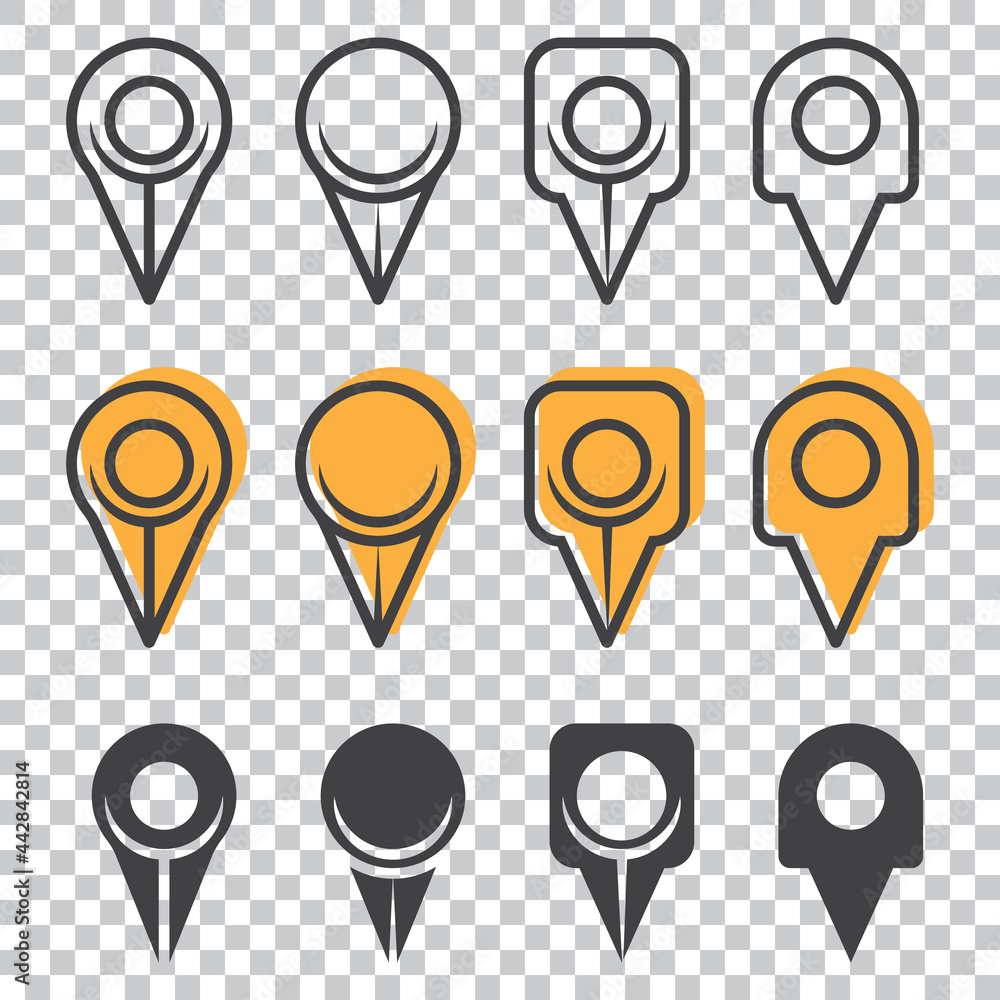 Set of line art and flat vector icon a location point or map pins place ...