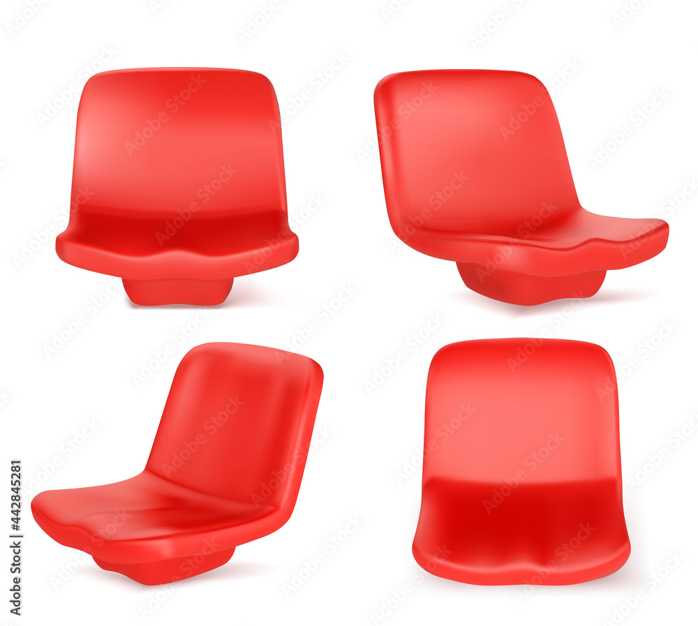 Stadium seats, red plastic chairs front and angle view. Equipment ...